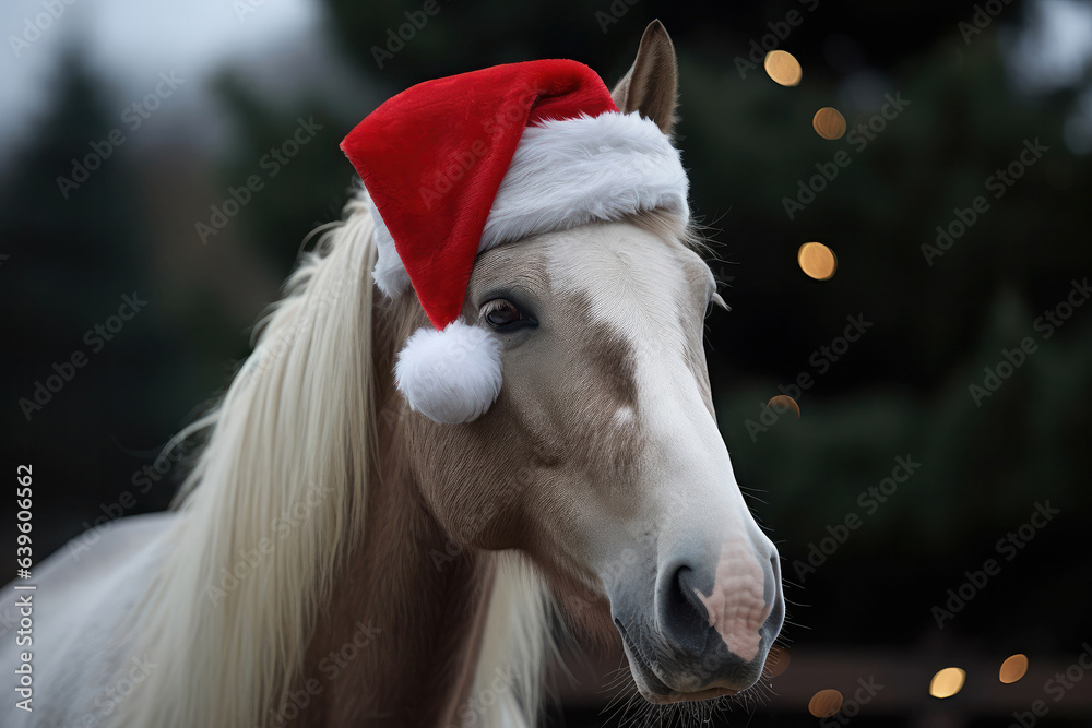 horse in Santa hat. Horse in Christmas hat looks at place for text ...