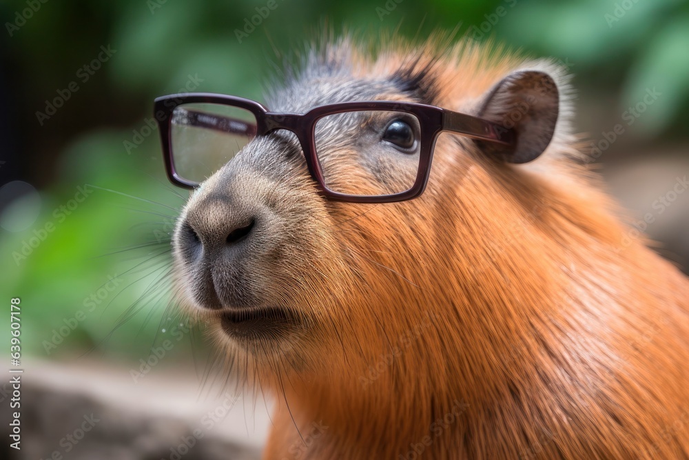 Clever funny capybara wearing eyeglasses on blurry background. cute ...