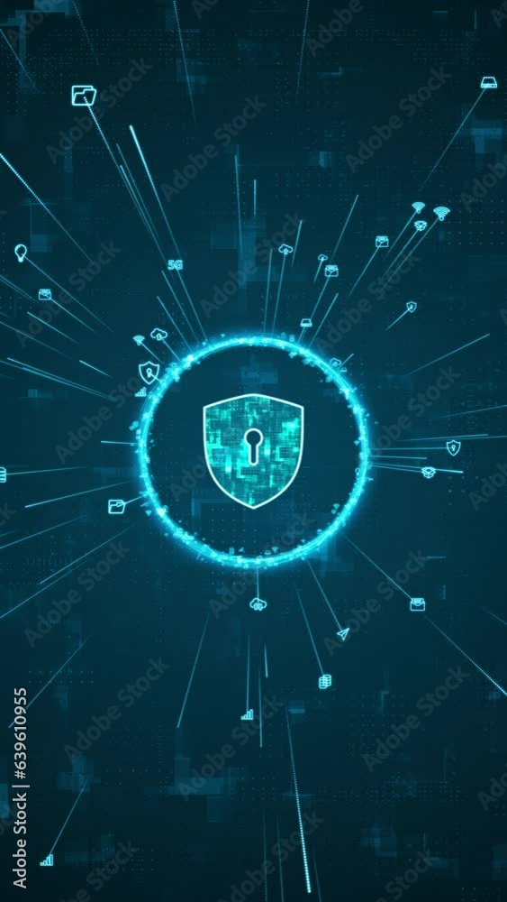 Motion graphic of Blue digital security shield logo and ring rotation ...