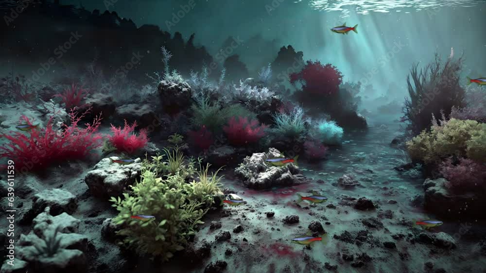 Dark underwater scene with school of neon fish among marine plants over ...