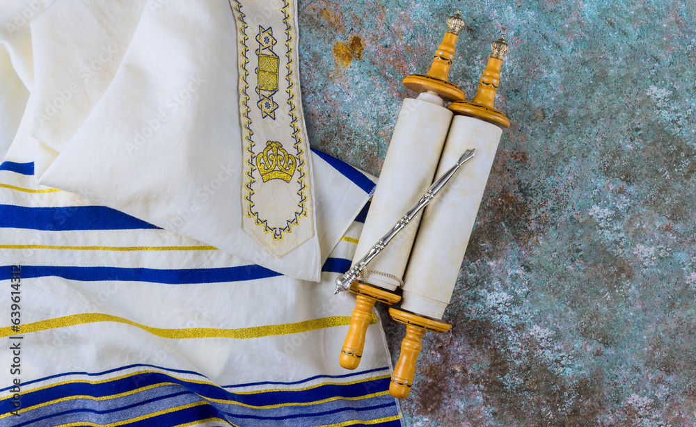 Synagogue with torah scroll, pray shawl tallit integral symbols in ...