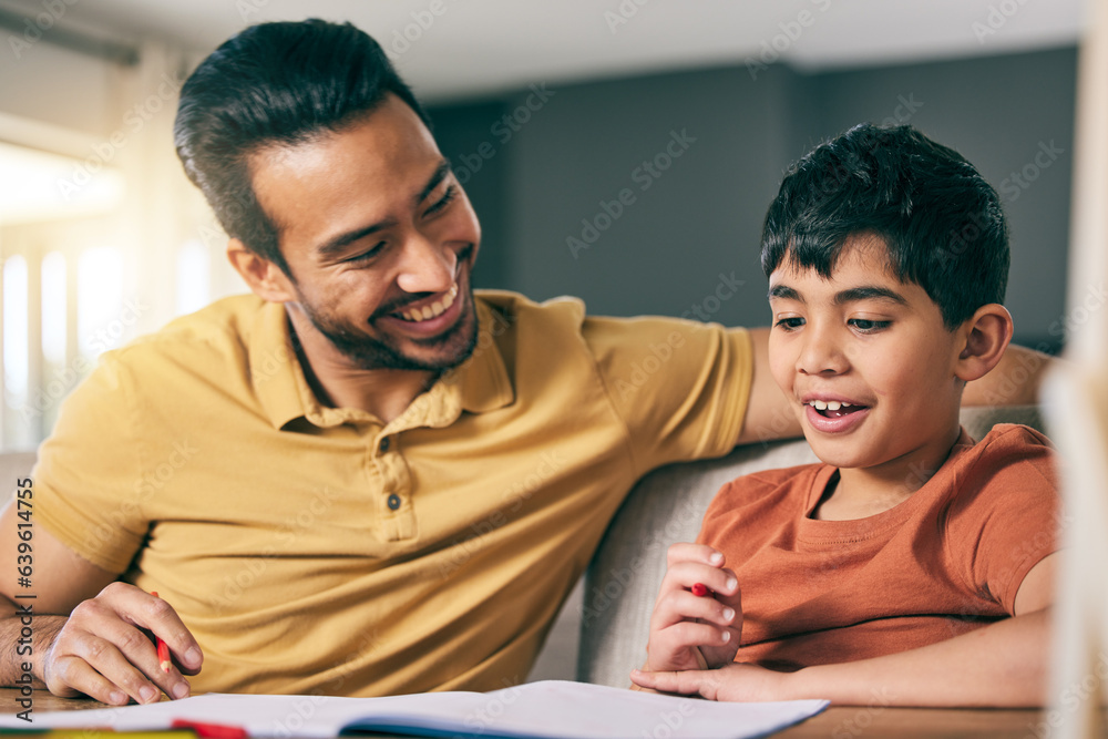 Help, father and boy with homework, notebook and conversation with ...