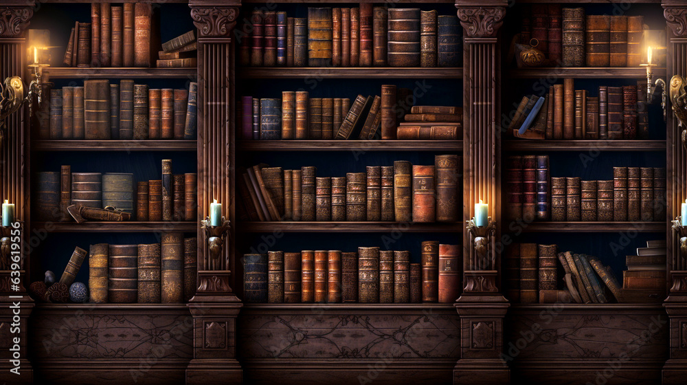 Old Ancient Library Book Shelf with ancient books stacked, as a wide ...