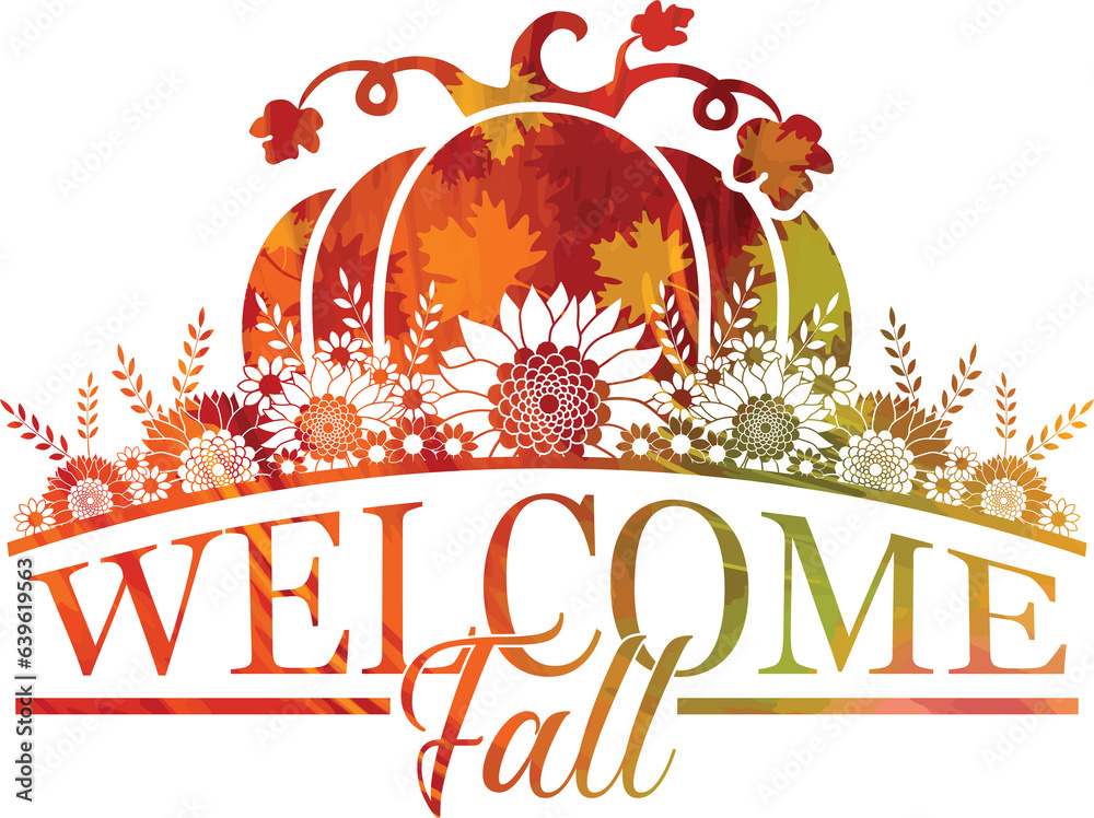 Welcome fall autumn banner with a pumpkin and sunflowers in festive ...