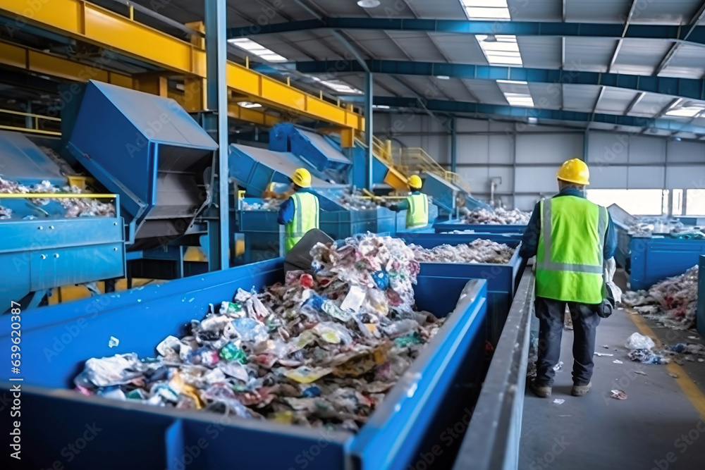 Waste sorting plant. Many different conveyors and bunkers. Workers sort ...