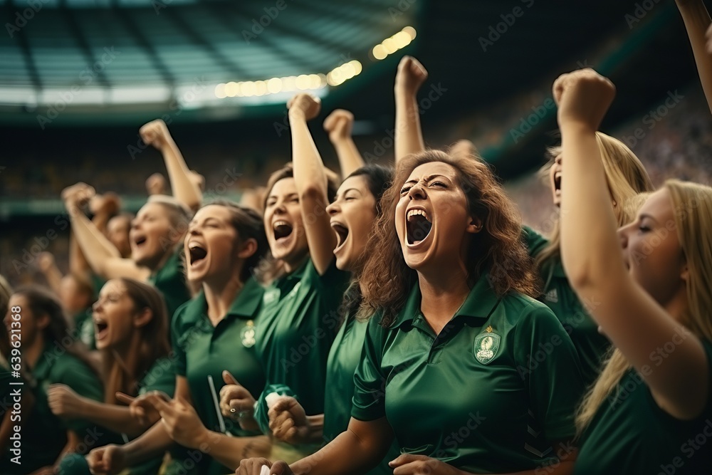 A group of girls - a female football sports team in green uniform ...