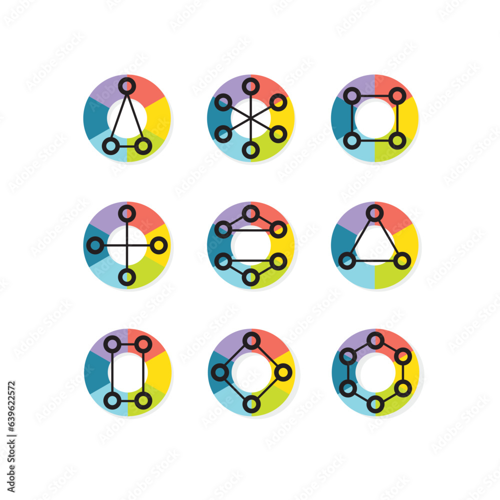 Black line and circle nodes connection with colorful round wheels ...
