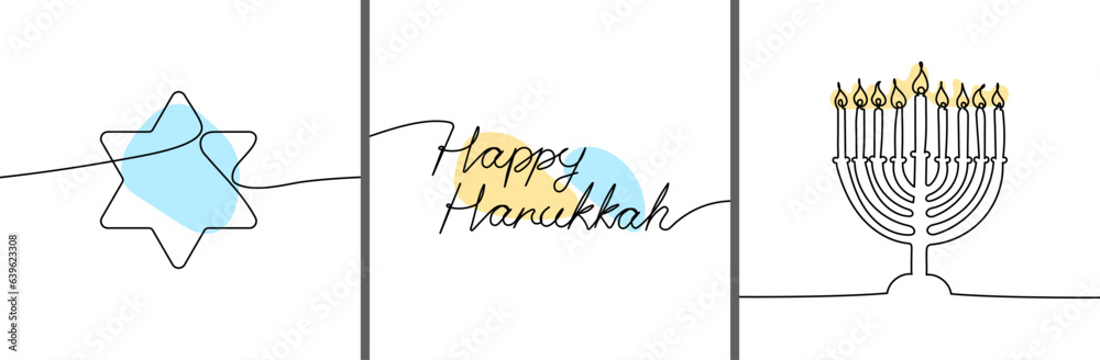 Happy Hanukkah one continuous line poster set. Jewish traditional ...