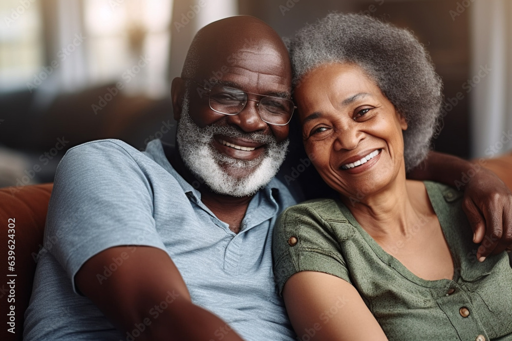 Happy family, Portrait black elderly senior couple smiling at home, man ...