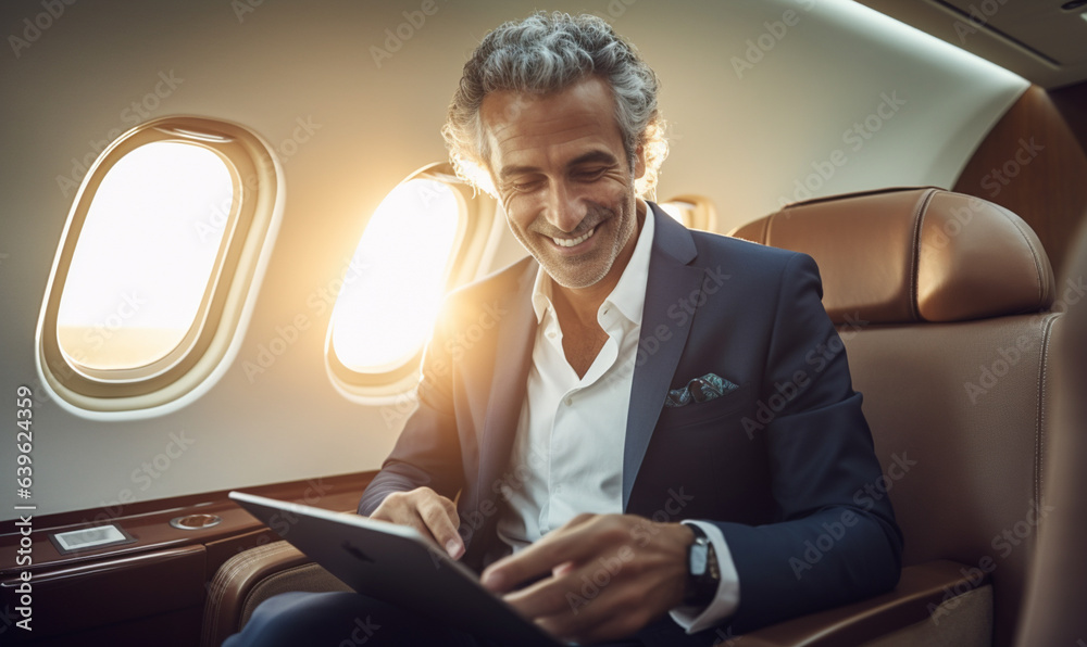 Smiling happy businessman flying and working in an airplane in first ...