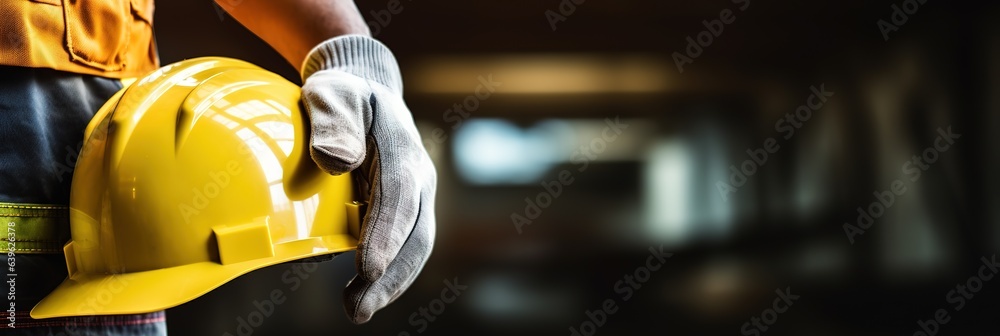 Breiter Banner zeigt einen gelben Helm von einem Arbeiter auf der ...