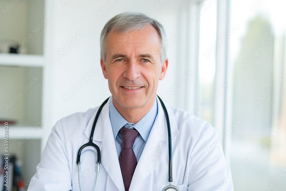 Hausarzt im Arztkittel zum Gespräch mit Patienten. Freundlicher Arzt in ...