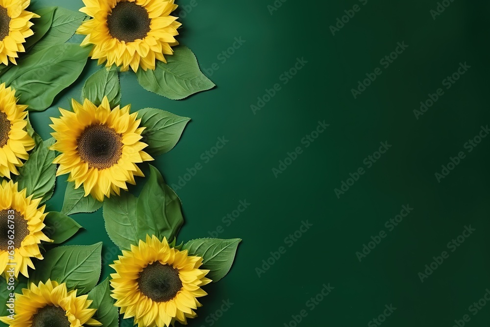Rahmen aus Sonnenblumen auf grünem Hintergrund. Platzhalter für Text ...
