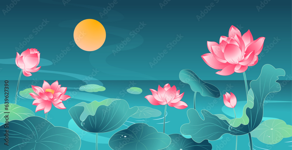 Vector illustration of lotus flowers and leaves landscape Stock Vector ...