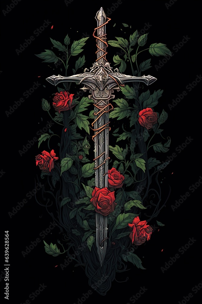 High fantasy illustration of a sword with vines and flowers. Great for ...