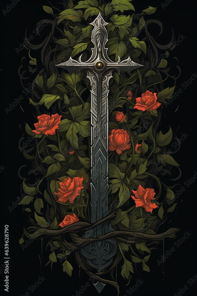High fantasy illustration of a sword with vines and flowers. Great for ...