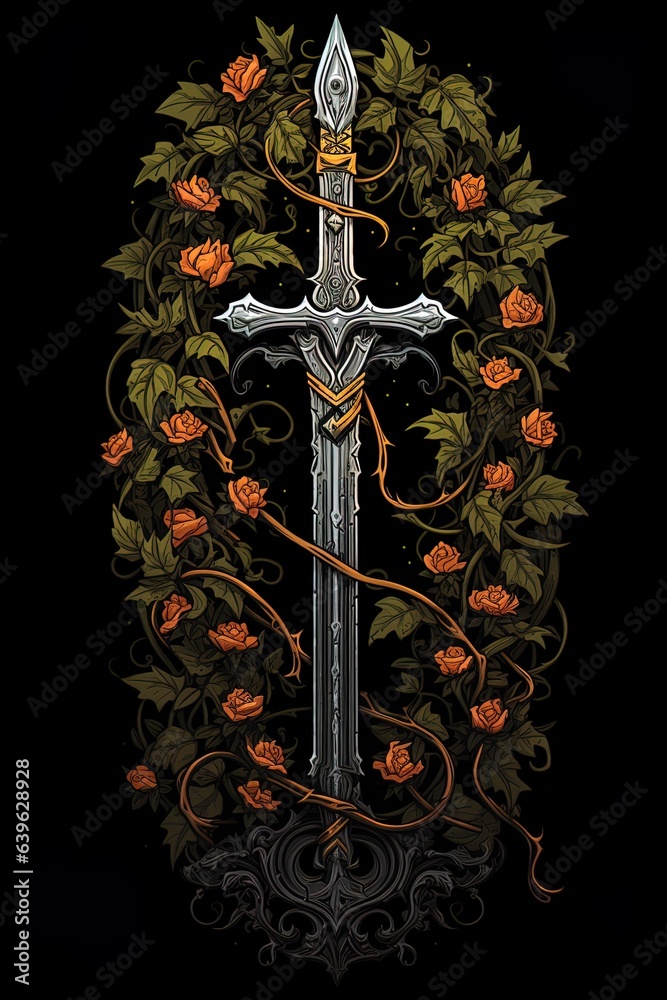 High fantasy illustration of a sword with vines and flowers. Great for ...