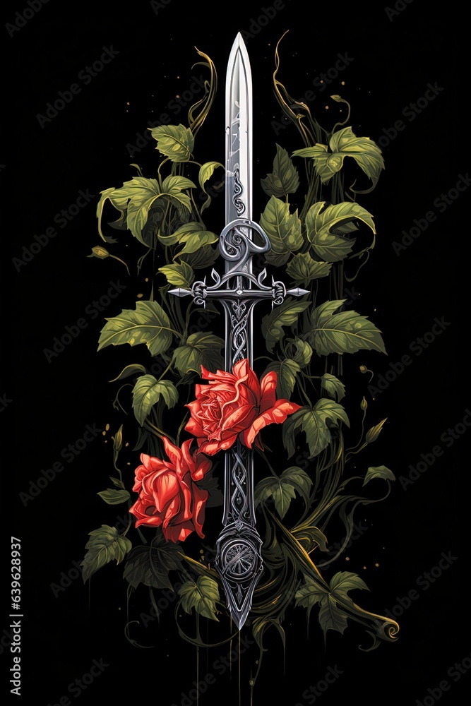 High fantasy illustration of a sword with vines and flowers. Great for ...