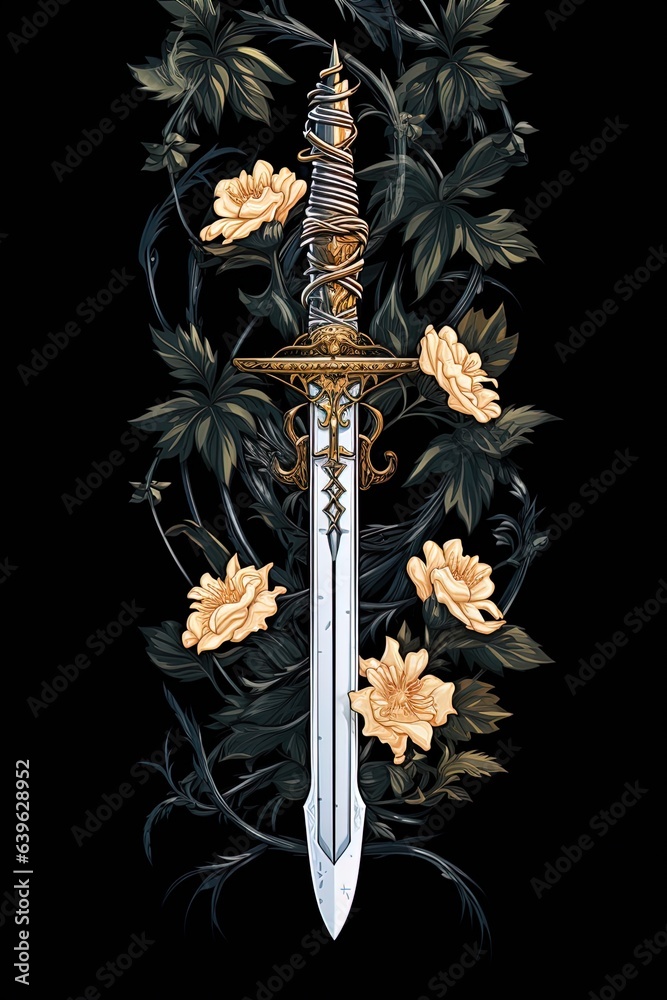High fantasy illustration of a sword with vines and flowers. Great for ...