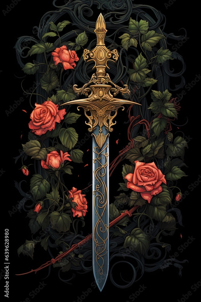 High fantasy illustration of a sword with vines and flowers. Great for ...