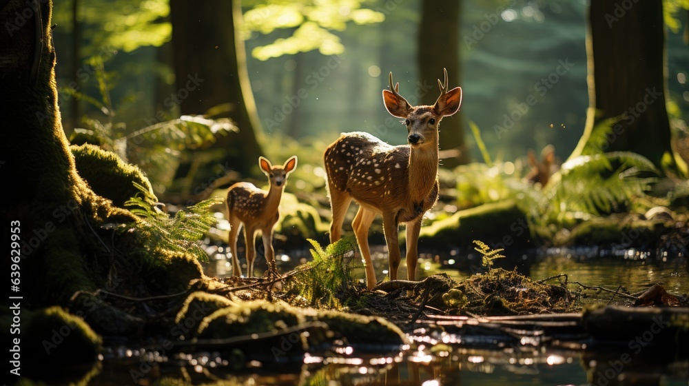 Tranquil forest scene, shot tracking a family of deer under warm ...