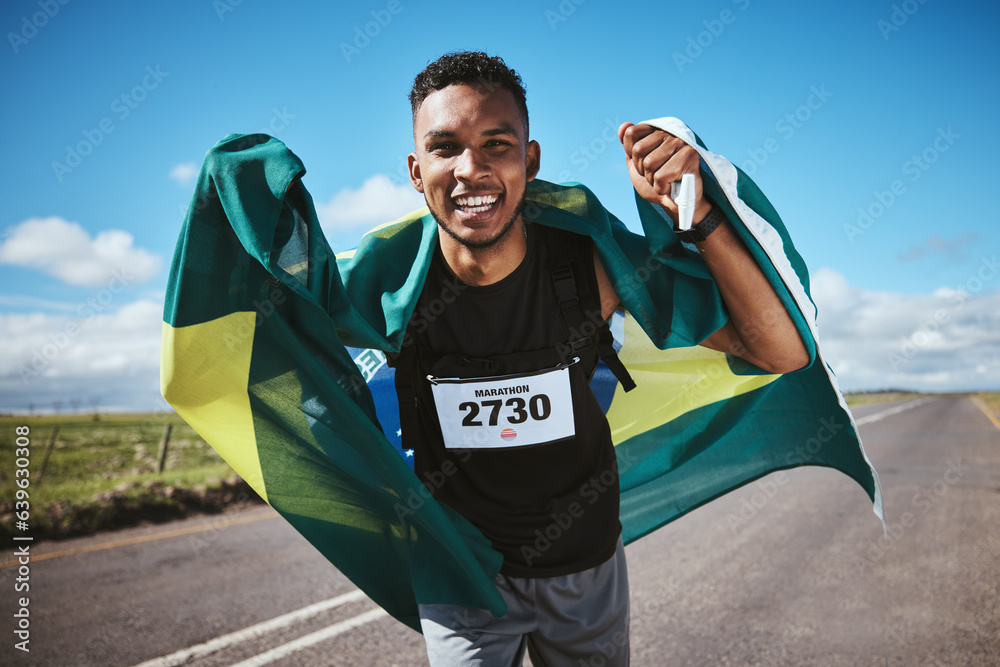 Foto de Portrait, fitness and flag of Brazil with a man runner on a ...