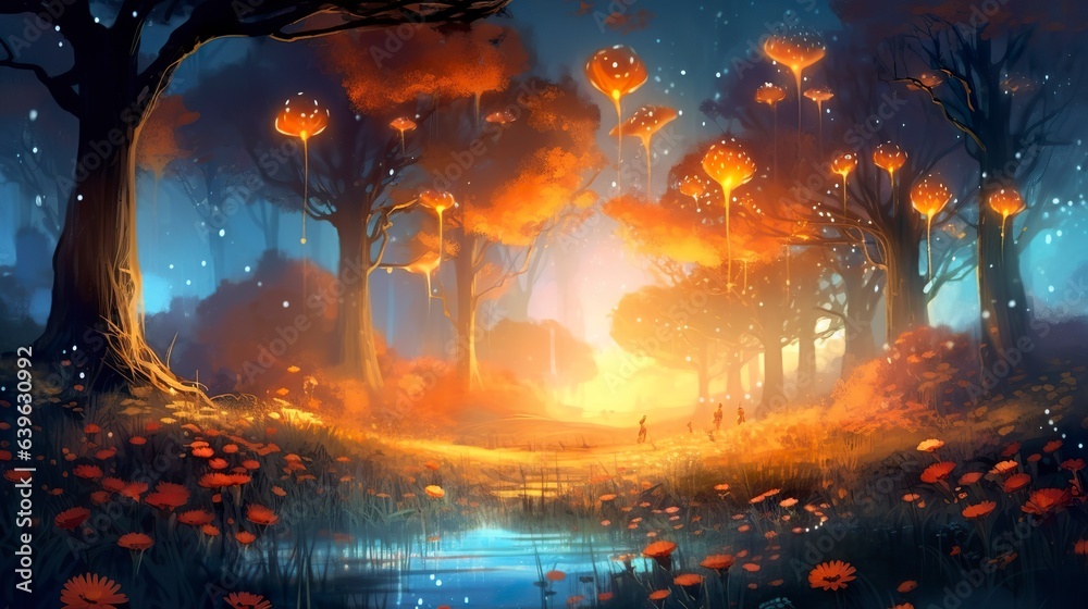 Fantasy fairy tale background with forest and blooming path. Fabulous ...