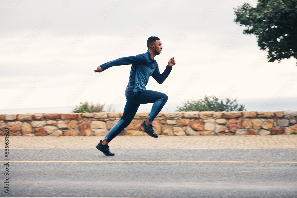 Runner man, sprint and outdoor in street, nature and profile for speed ...