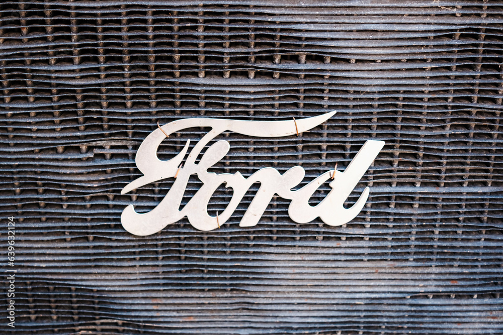 Billum, Denmark - August 8, 2023: Old Ford logo, on a classic vintage ...