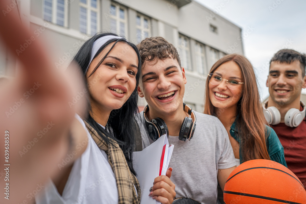 group of teenage students self portrait selfie of gen z sit in campus ...