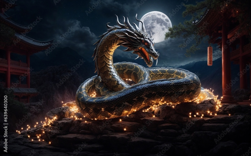 A giant Orochi serpent, its body writhing and twisting in the air ...