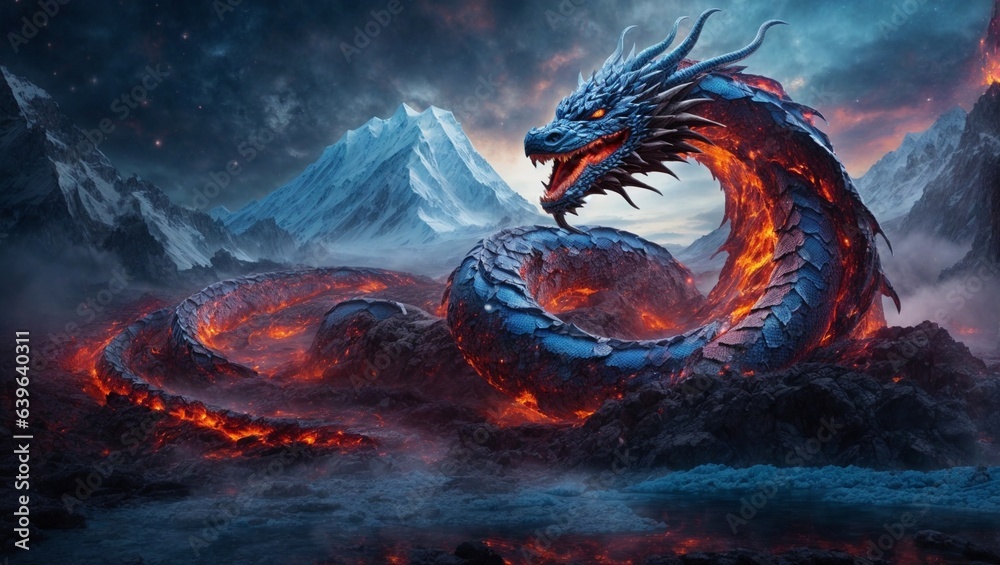 A giant Orochi serpent, its body writhing and twisting in the air ...