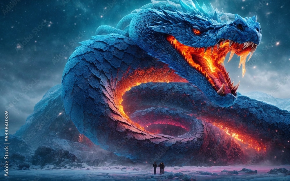 A giant Orochi serpent, its body writhing and twisting in the air ...