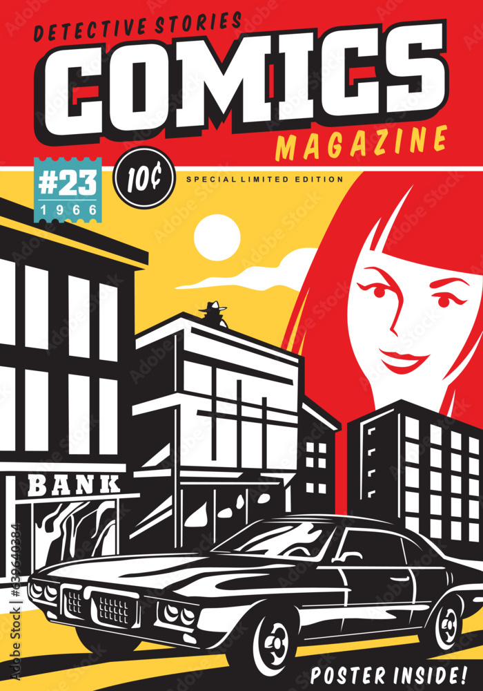 Comic book cover design template with girl portrait and car drawing on ...