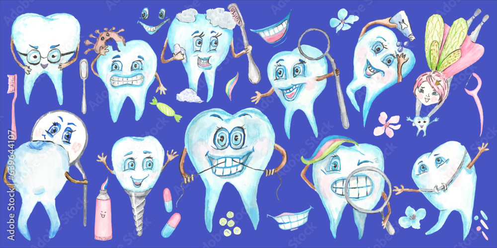 Vecteur Stock Collection of 26 funny teeth elements. The tooth fairy ...