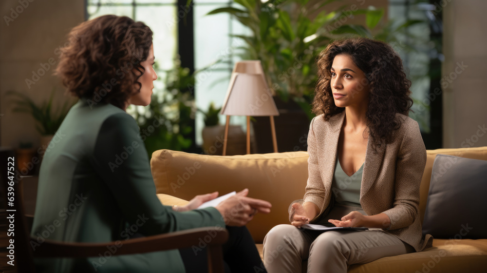 Worried woman patient sitting at a psychologist's therapist appointment ...