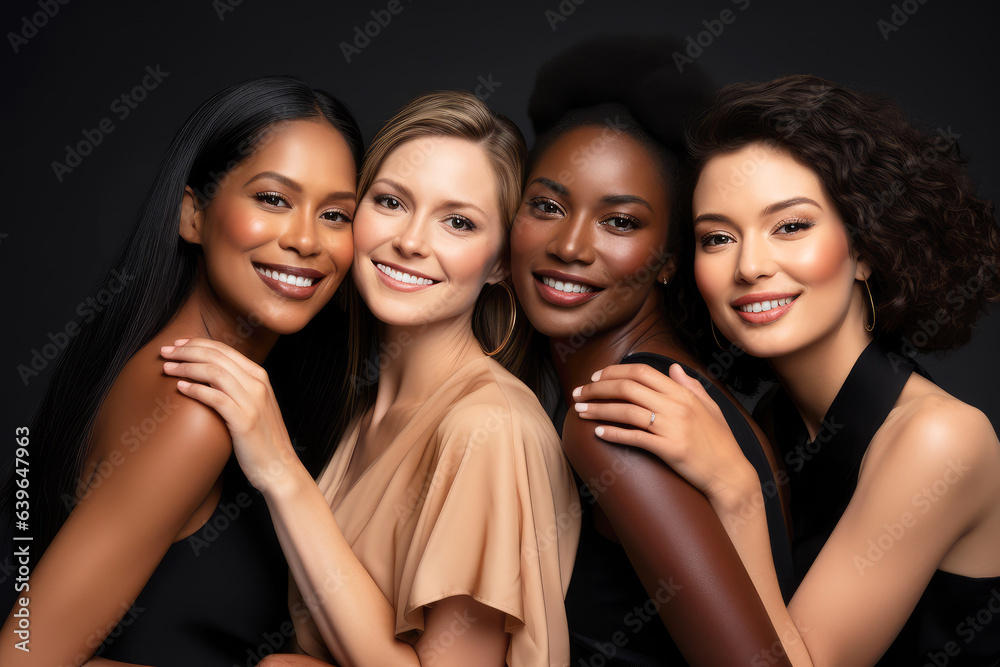 Group Of Four Women Of Different Races Smiling At The Camera. Diversity ...