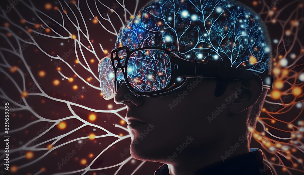 Virtual man people and neural network in VR glasses is a symbiosis of a ...