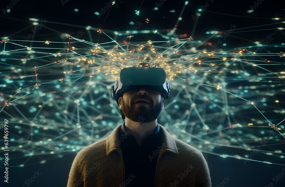 Virtual man people and neural network in VR glasses is a symbiosis of a ...
