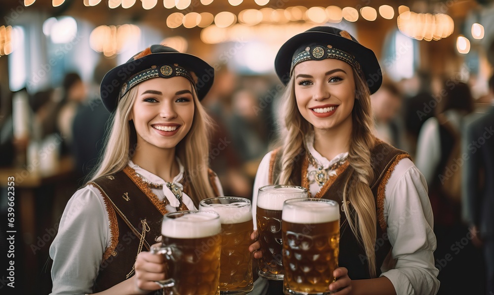 Bavarian Tradition at Beer Festival - Two Young Girls Delivering Beer ...
