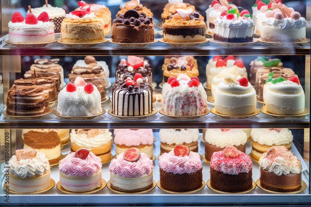 Sweet and cute whole cakes lined up in a showcase full of various kinds ...