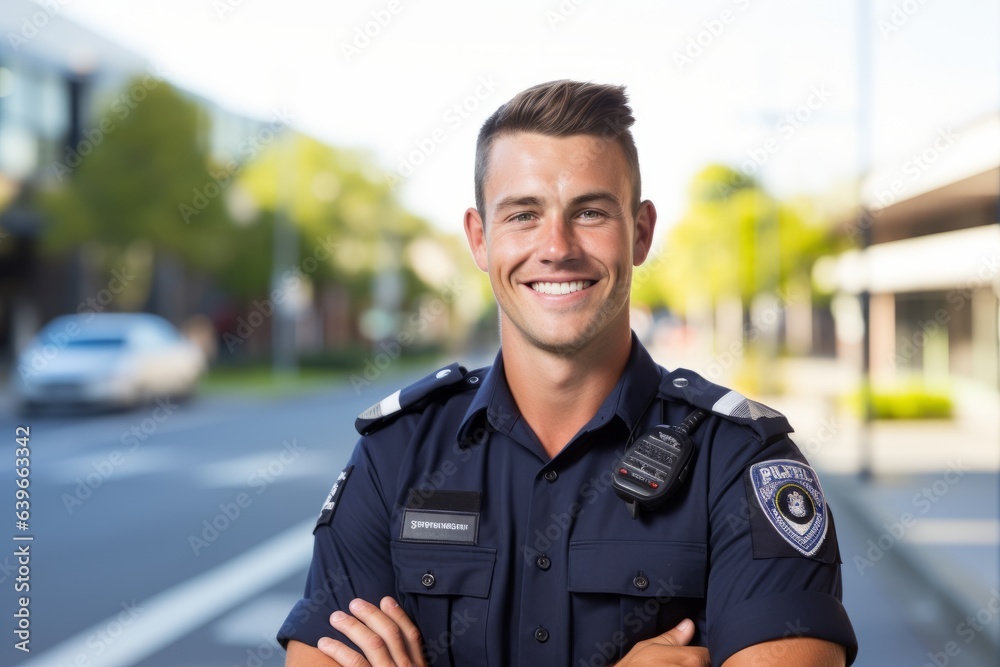 Portrait of a smiling young police officer standing with arms crossed ...