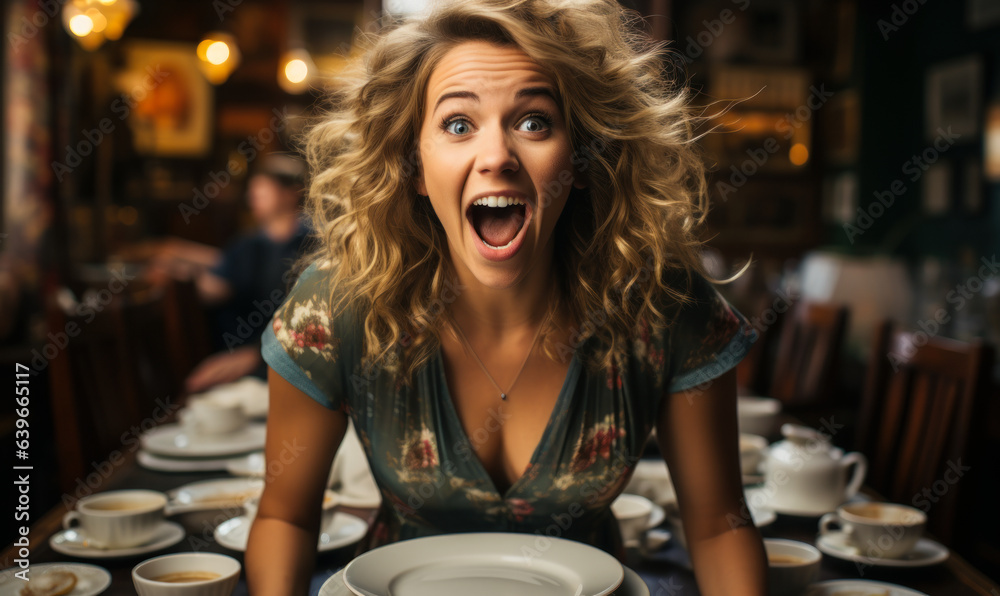 angry woman posing with an empty plate at the restaurant table, hangry ...