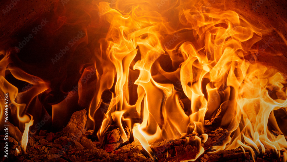 Fire flames, blazing inferno of wood combustion, fiery wood burning ...