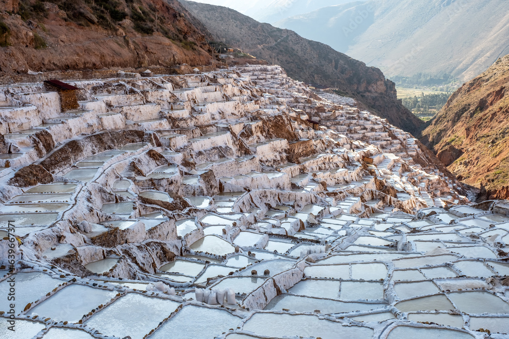 Views of the Maras Salt Flats, Peru. The Salinas de Maras are more than ...