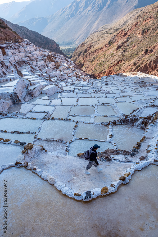 A man walking through the Maras Salt Flats, Peru. The Salinas de Maras ...