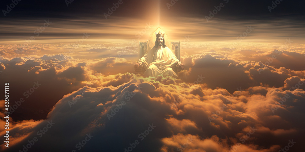 Jesus Christ the saviour sits above the clouds in heaven on a throne ...