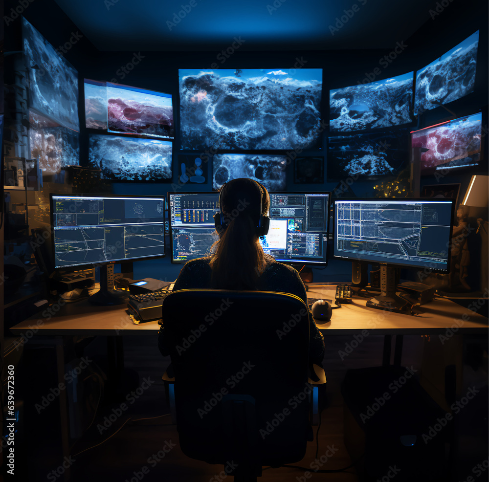 Silhouette of female police dispatcher sitting at desk, multiple ...