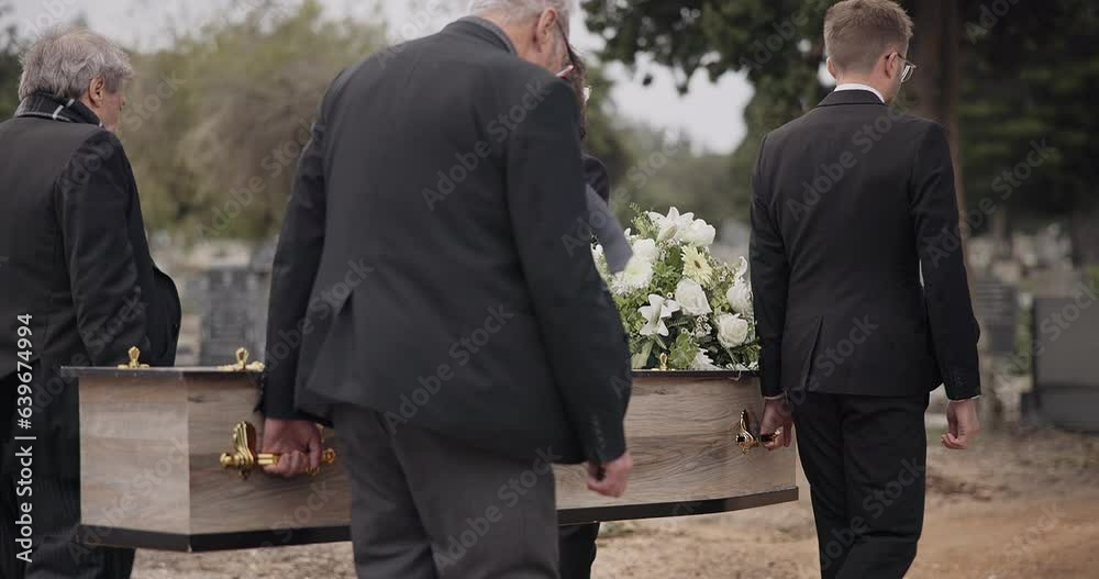Coffin, men and pallbearers walking at graveyard ceremony outdoor at ...