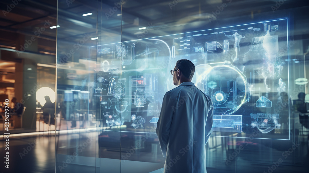 Futuristic Machine Learning Interface, Scientist Interacting with AI ...